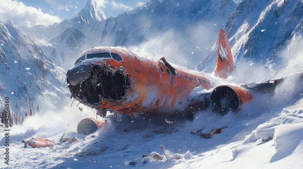 An intense crash scene with a plane in a snowy environment. The image ...