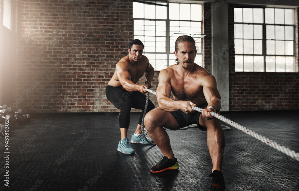 Man, pull and exercise in gym with rope for fitness, workout and muscle ...