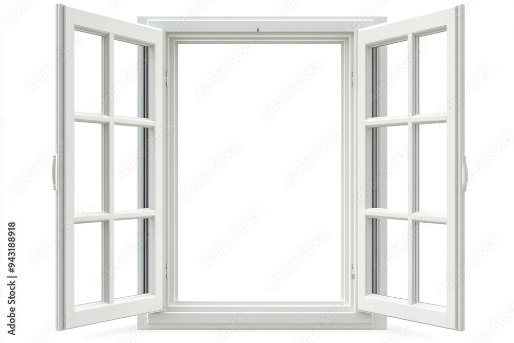 A realistic photo of an open window with white frames, white background ...