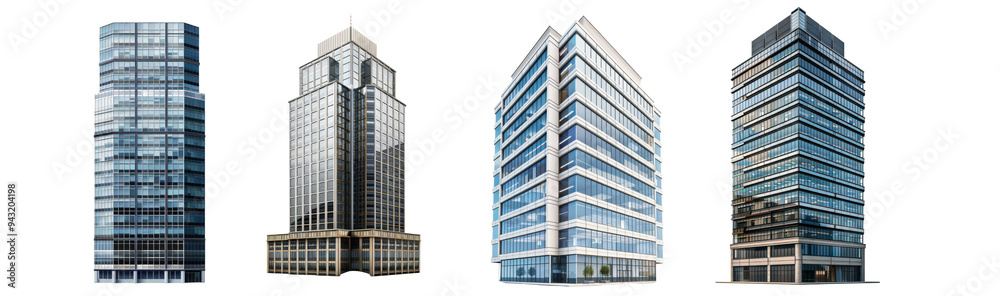 Collection of tall office building realistic image on white or ...