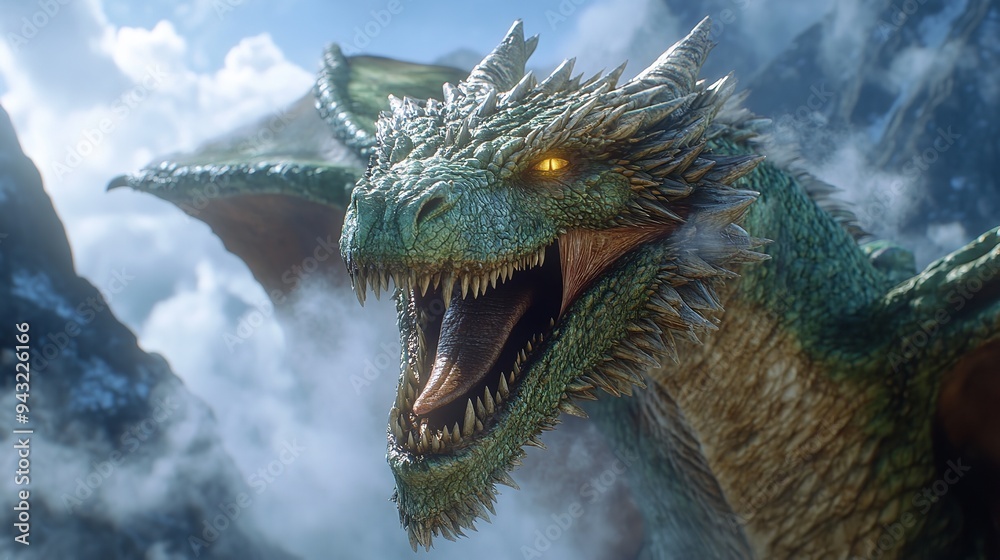 Intense kaiju like lizard monster in a violent ocean storm with thunder ...