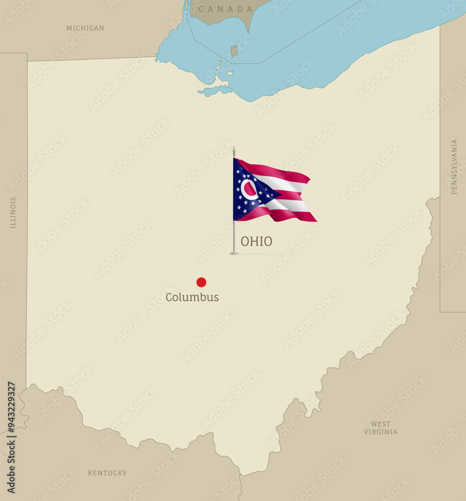 Map of Ohio USA federal state with waving flag. Highly detailed ...
