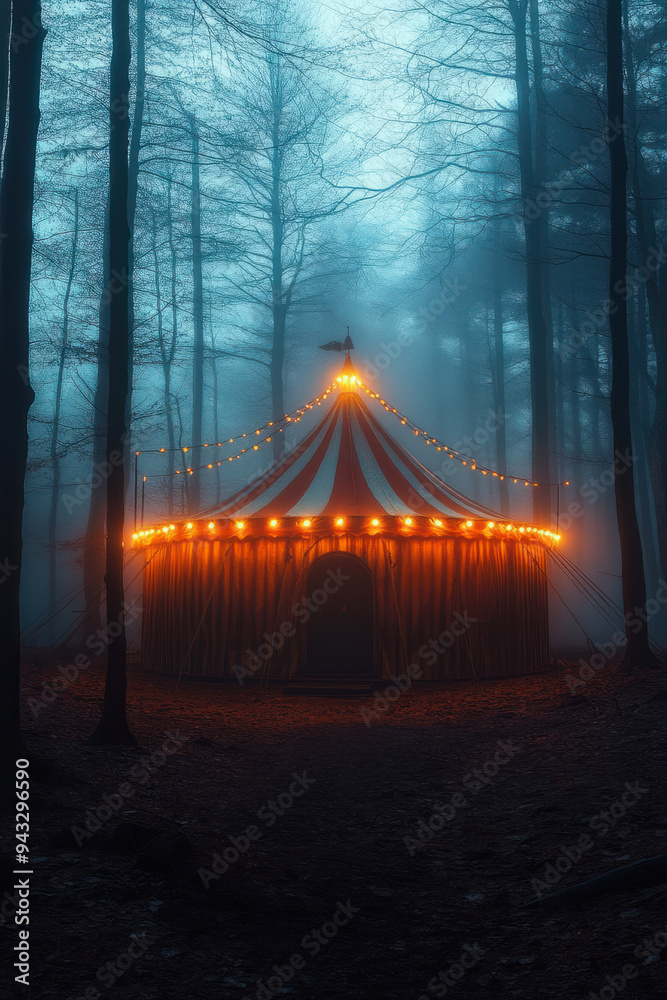 Halloween Circus, A glowing circus tent stands in a foggy forest ...