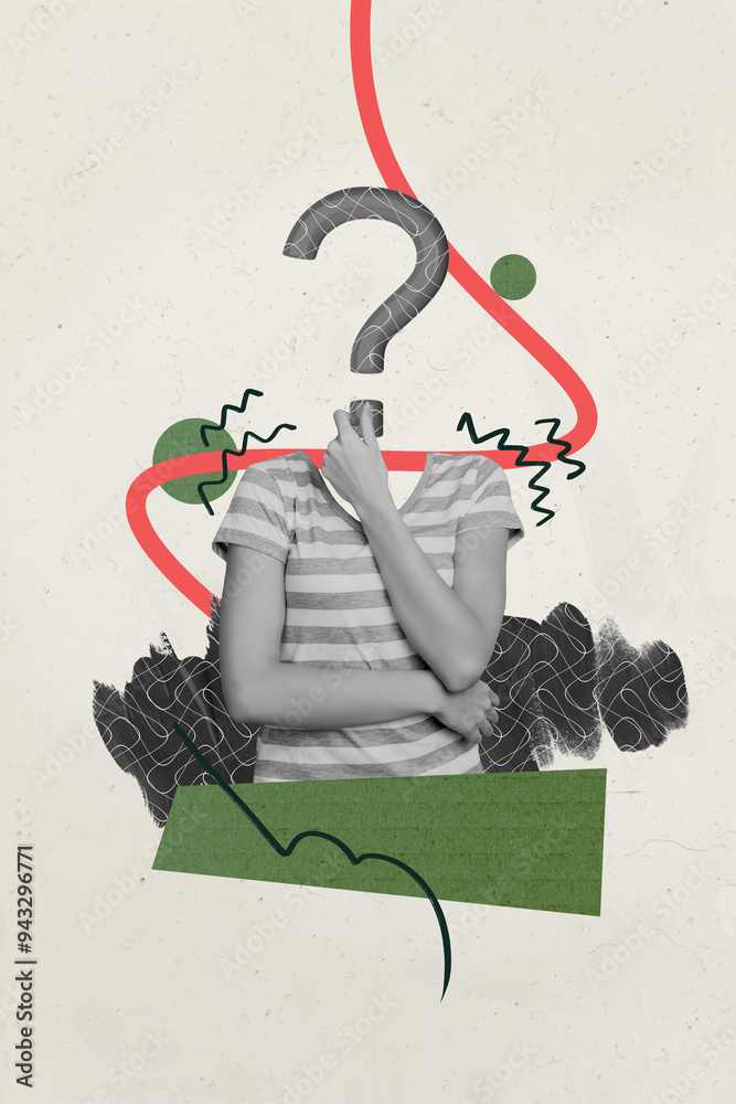 Vertical poster collage young headless woman caricature question mark ...