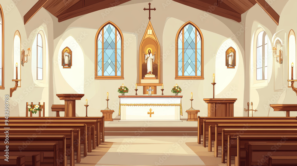 A vector cartoon illustration of a Catholic church interior, featuring ...