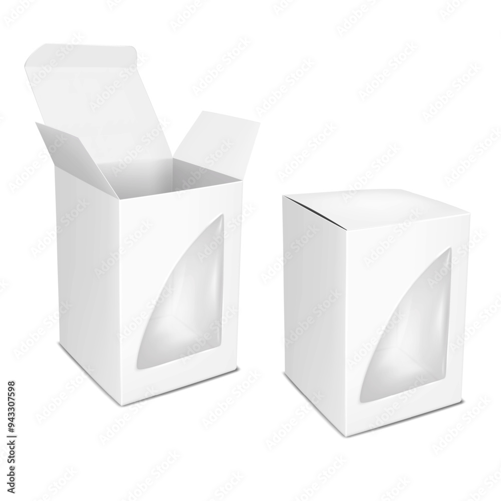 White cardboard box with clear plastic triangular window and tuck-in ...