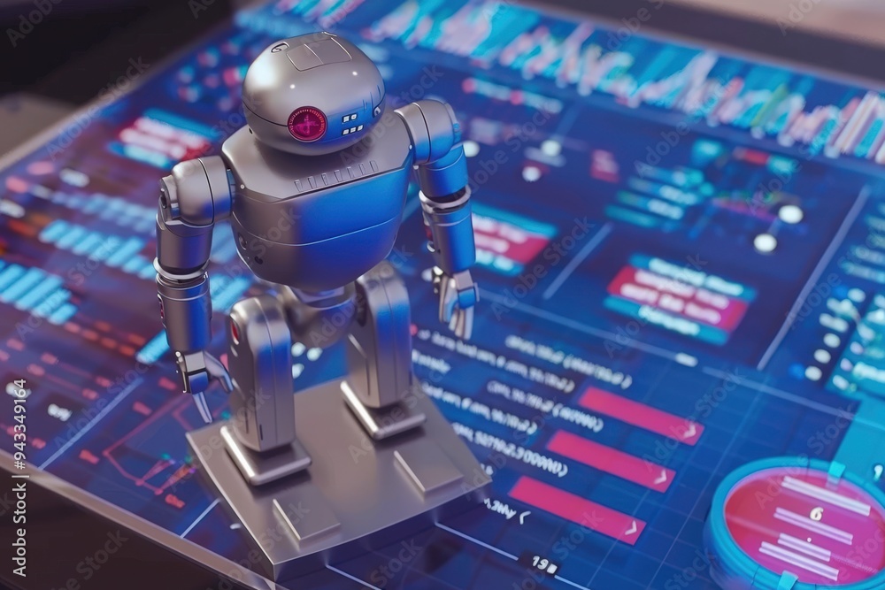 A silver robot on a futuristic interface analyzes data streams on a ...