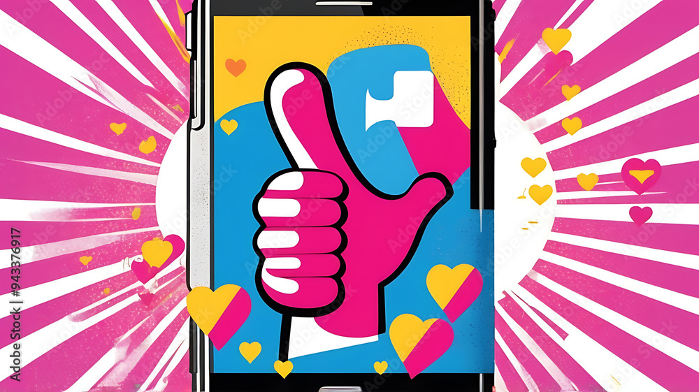 an icon of a mobile phone with a thumbs-up symbol, representing social ...