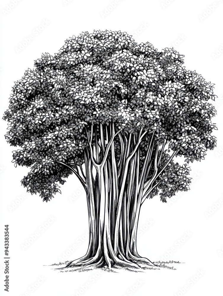 Black and white Vintage engraved art of a banyan tree, isolated on ...