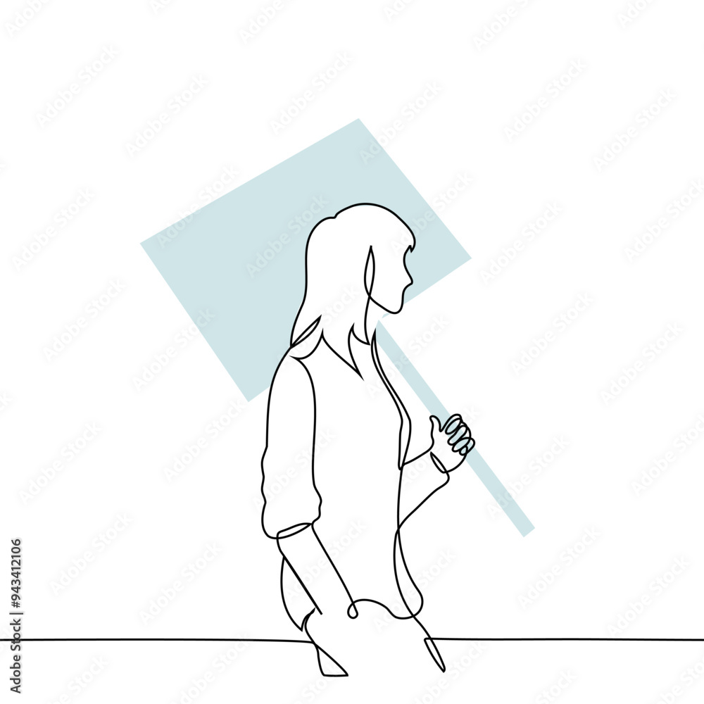 woman walking carrying banner on stick on shoulder - one line art ...