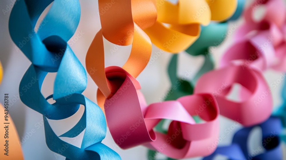 A collection of interconnected colorful paper chains forms a vibrant ...