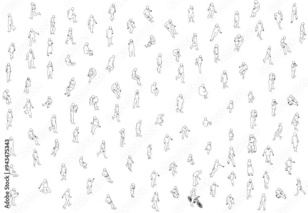 Set with people outlines in different positions from black lines ...