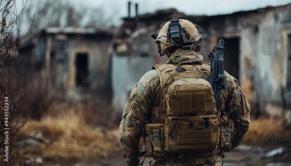 Special unit fighter stares threateningly at enemy in intense back view ...