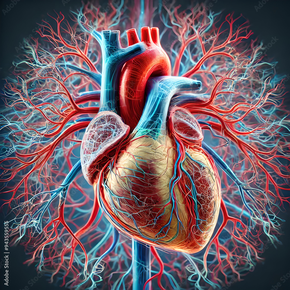 3D image of a human heart with vascular network, including coronary ...