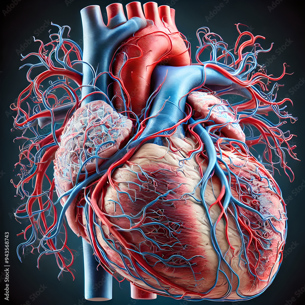 3D image of a human heart with vascular network, including coronary ...