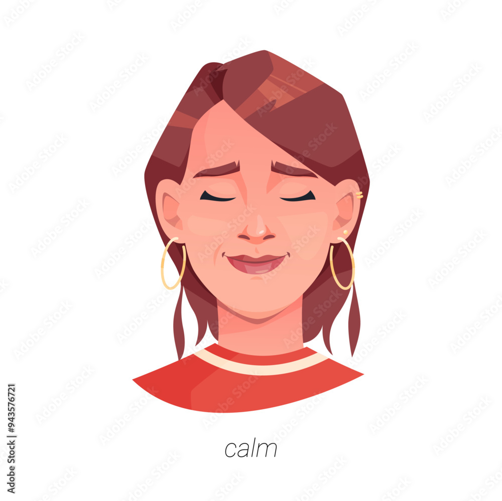 Calm facial expression of woman personage. Vector isolated flat cartoon ...