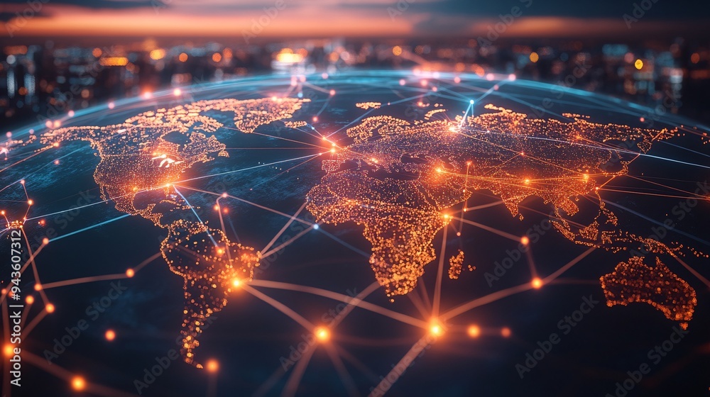 Digital world map with bright connections highlighting major global ...