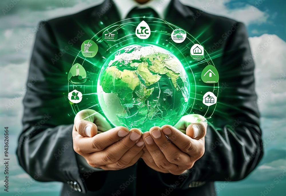Businessman, green Earth, LCA icon, embodies sustainable business via ...