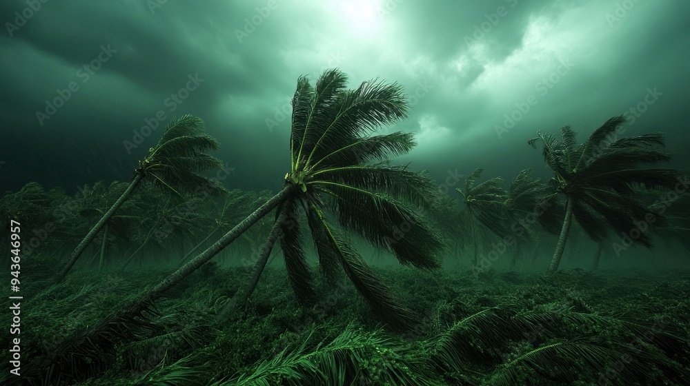Dramatic scene of a tropical storm with fierce winds bending palm trees ...