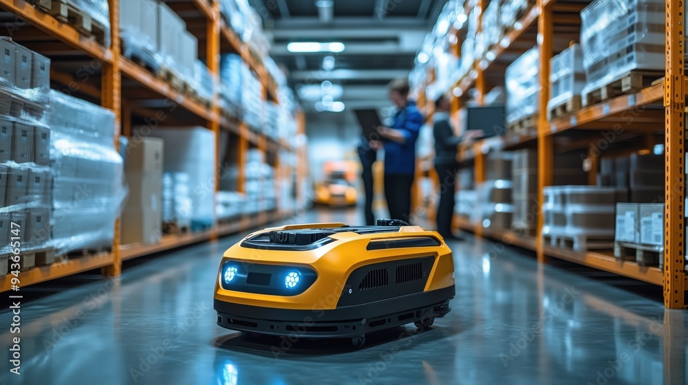 Yellow AGV in Warehouse with Workers Monitoring. Yellow Automated ...