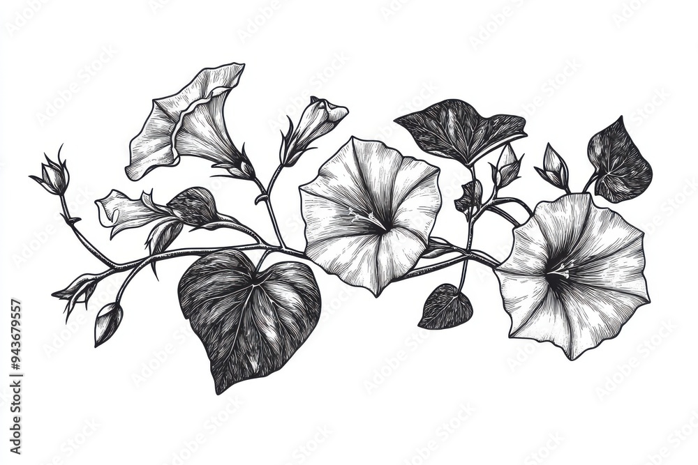 Black and white Vintage engraved art of morning glory vines, isolated ...