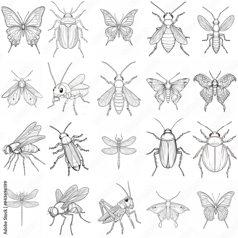 Insects. Set of coloring pages for kids, outlines only, black and white ...
