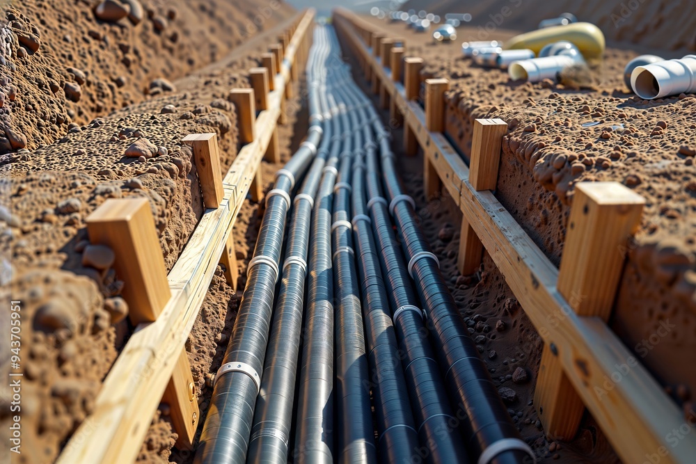 Fiber Optic Cable Laying. Multiple blue cables being installed in ...