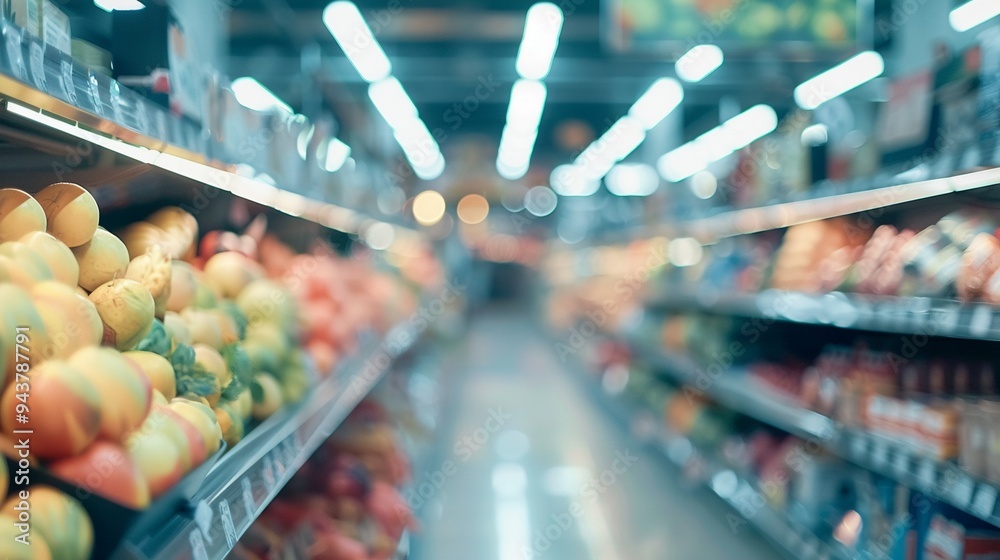 Vibrant produce aisle in modern supermarket with rows of fresh fruits ...