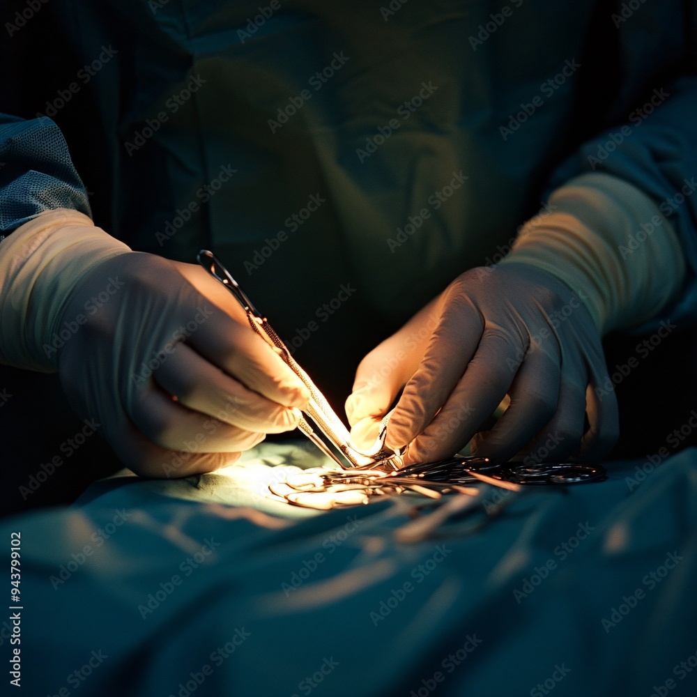 A surgeon's hands carefully manipulating surgical instruments during a ...