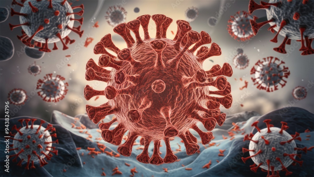 Conceptual representation of a highly infectious virus featuring spike ...