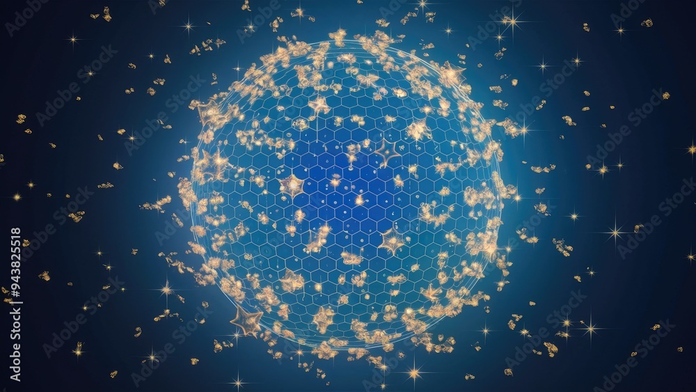Dark blue gradient background featuring a hexagonal mesh and numerous ...