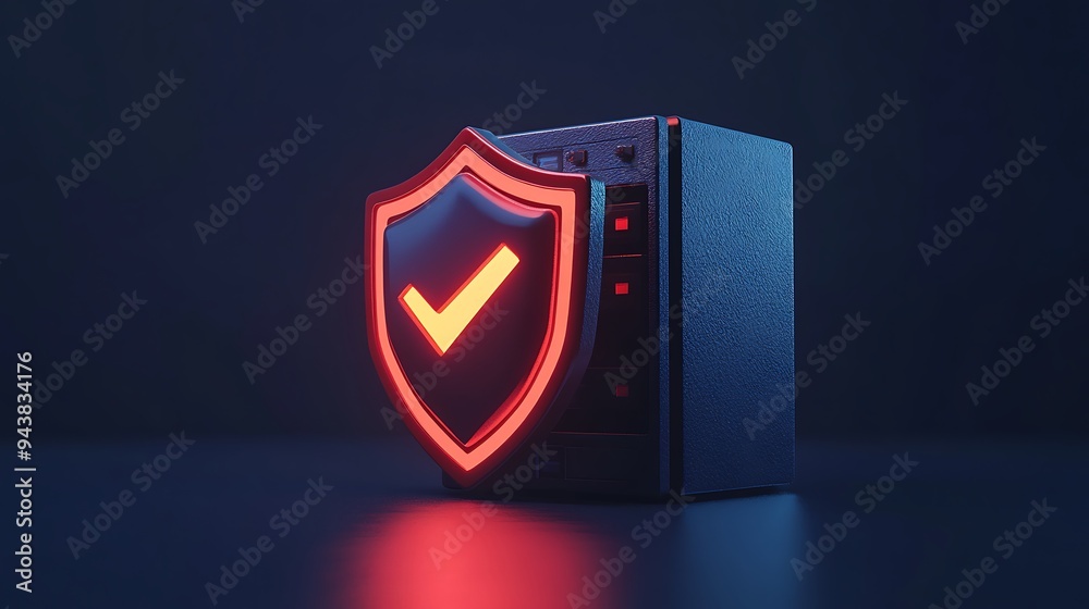 Cybersecurity concept showing a server protected by a glowing shield ...