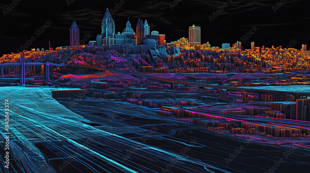 Technical aerial visual, 3D LiDAR GIS aerial map satellite scan model ...