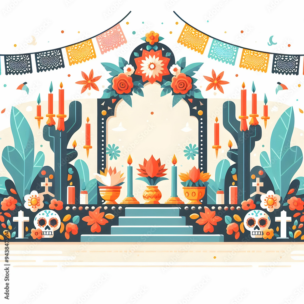 Flat Ofrenda and Papel Picado Border with Copy Space concept as A ...