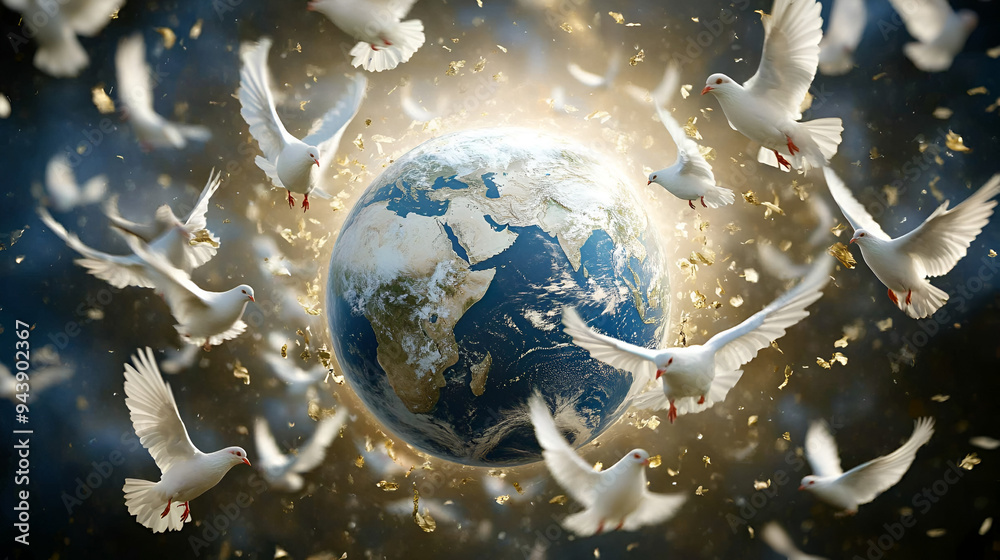 palomas blancas volando alrededor del mundo del planeta tierra ...
