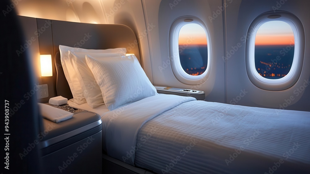 Airplane first-class suite featuring a lie-flat bed, luxury amenities ...