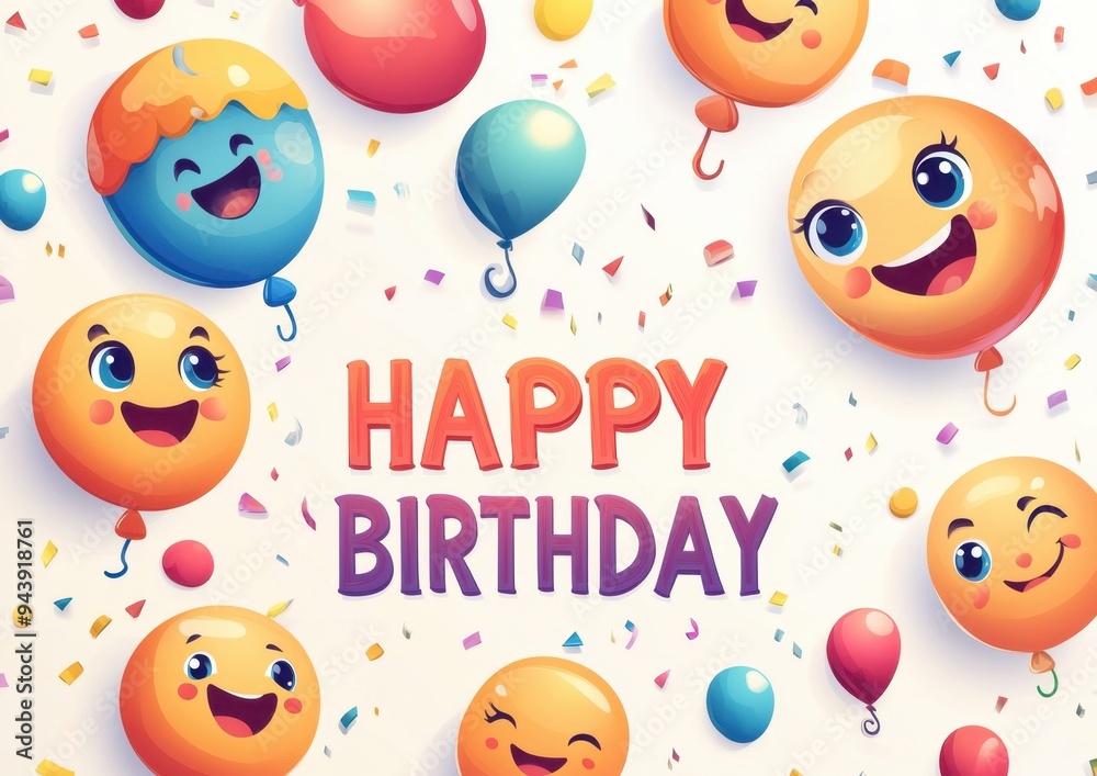 Happy birthday card with emoji party popper and happy smiling face ...