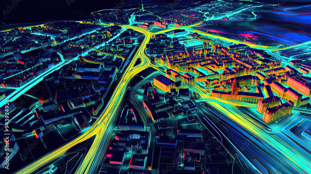 Technical aerial visual, 3D LiDAR GIS aerial map satellite scan model isolated, showing ...