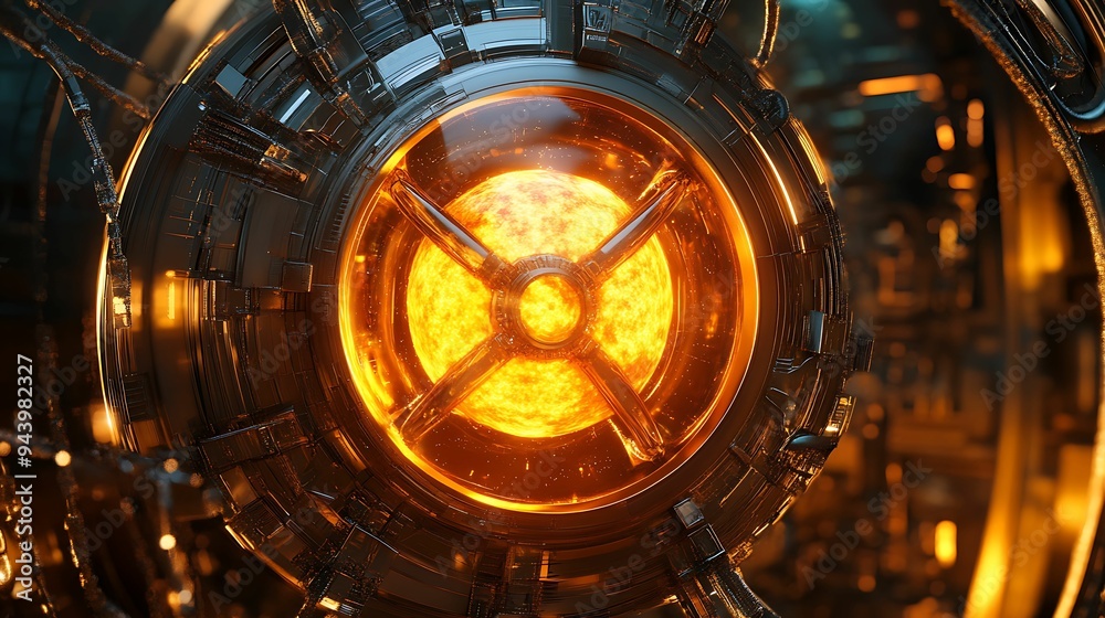 A futuristic energy core featuring a glowing reactor encased in ...