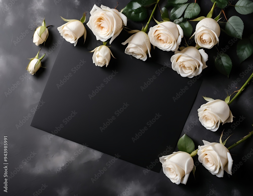 elegant white roses on dark background with empty black paper for ...