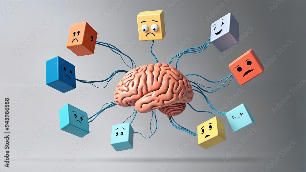 A brain with emotion representing cubes attached to its neural pathways ...