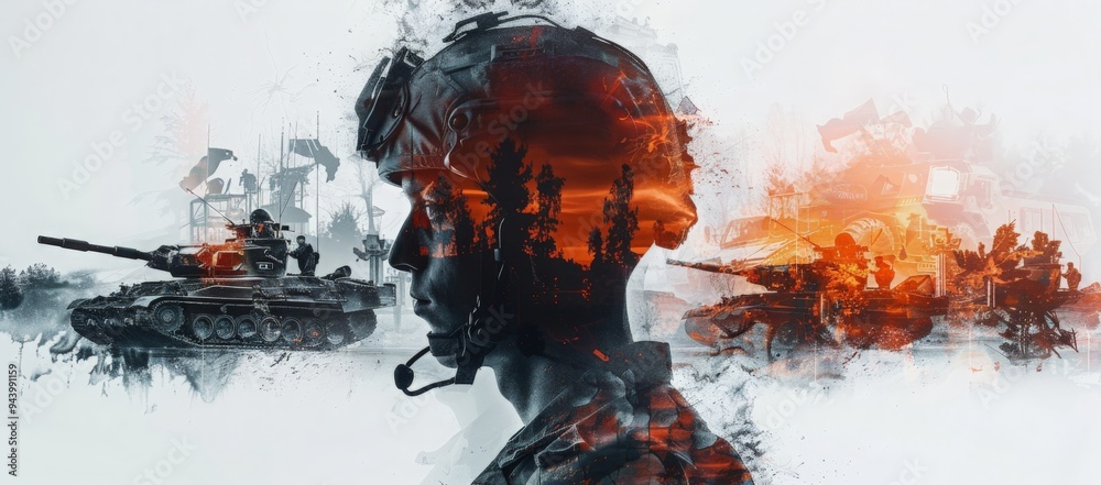 Double exposure illustration depicting a soldiers profile with a tank ...
