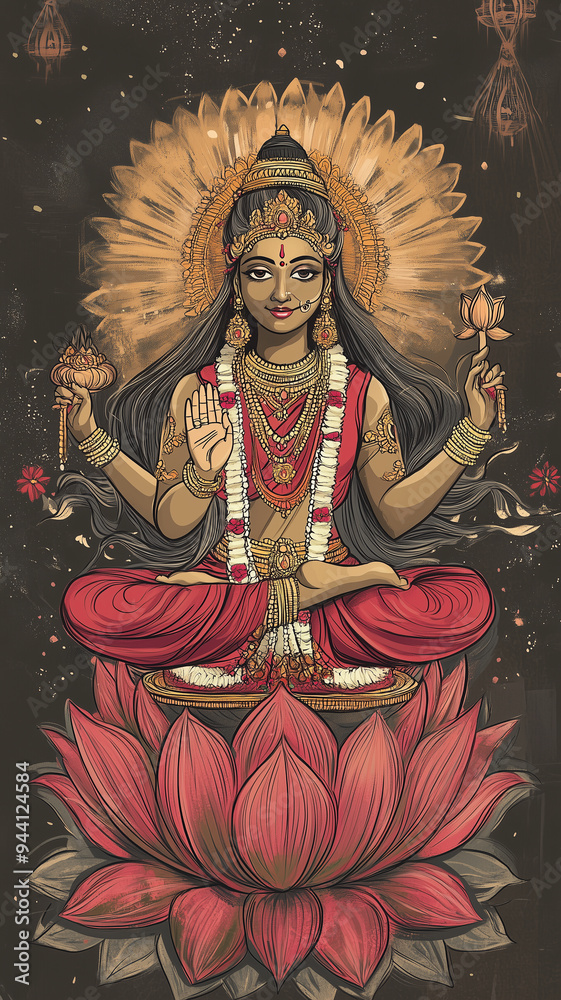 Goddess Lakshmi, cartoon style illustration. Hindu Goddess of wealth ...