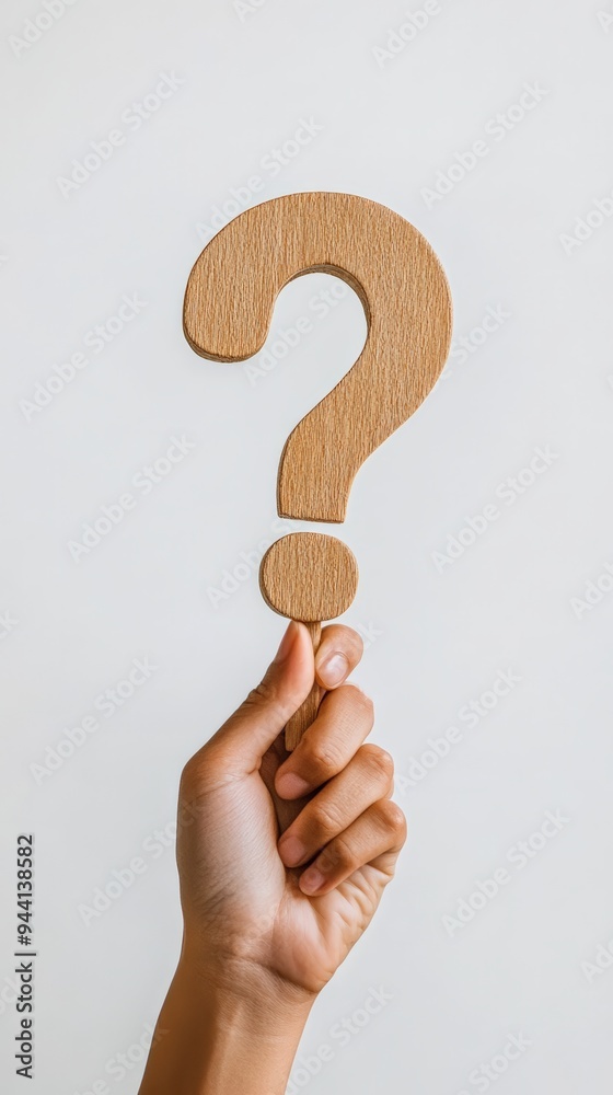 Hand holding a wooden question mark on a plain white background ...