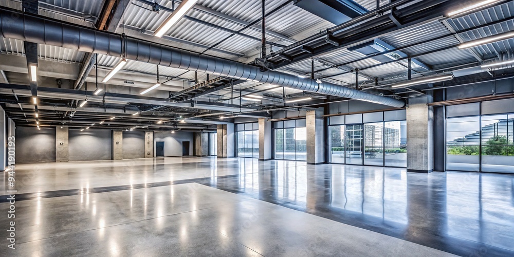 Modern industrial interior with polished concrete floor, exposed ...