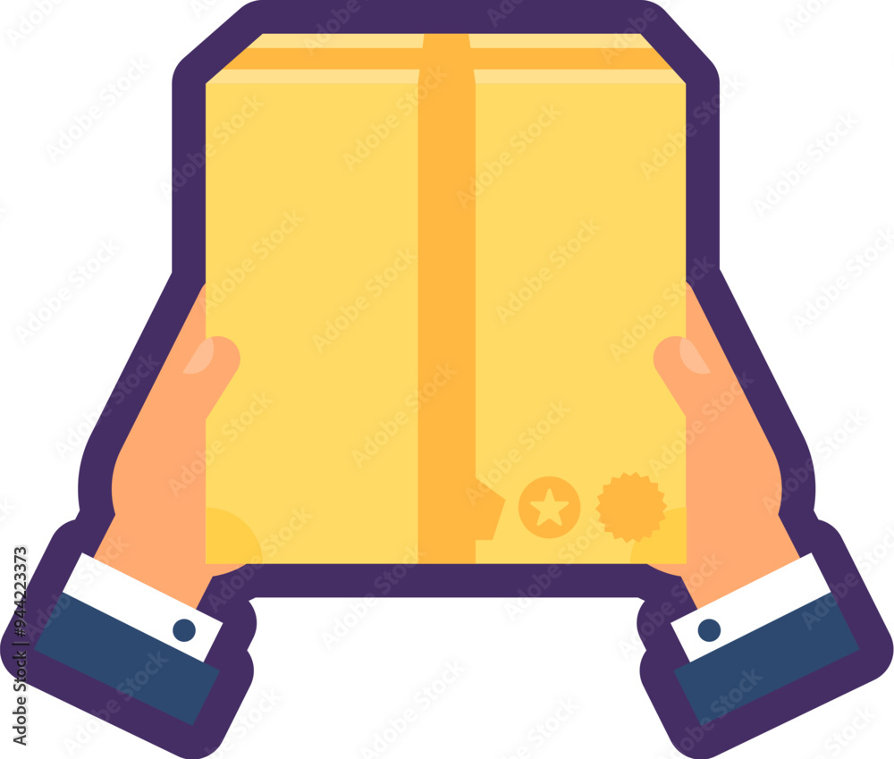 Courier hands holding cardboard closed box. Delivery of goods, shopping ...