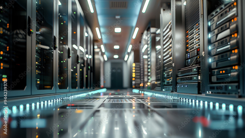 A modern data center with rows of servers and networking equipment ...