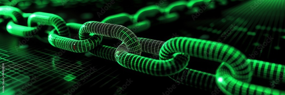 digital green chain links in low poly wireframe, Blockchain Technology ...