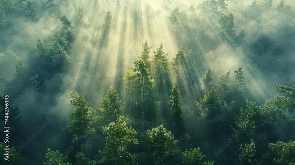 misty forest from above ethereal fog weaving between ancient pine trees shafts of golden ...