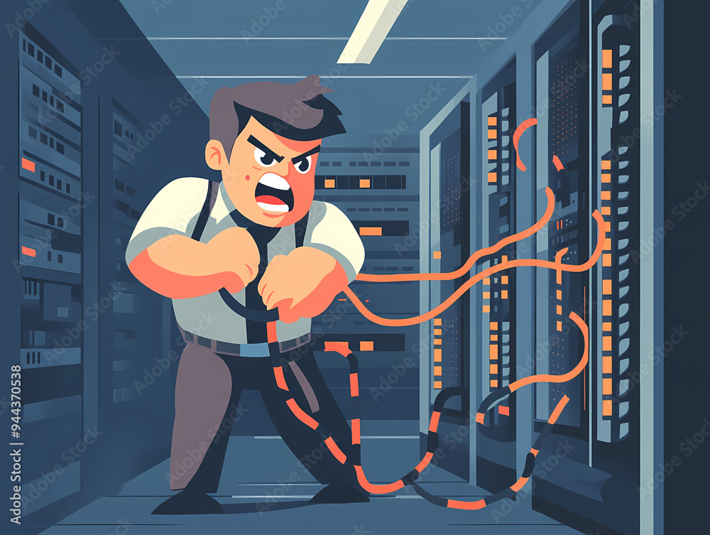 Angry system administrator in a data center struggling with tangled ...
